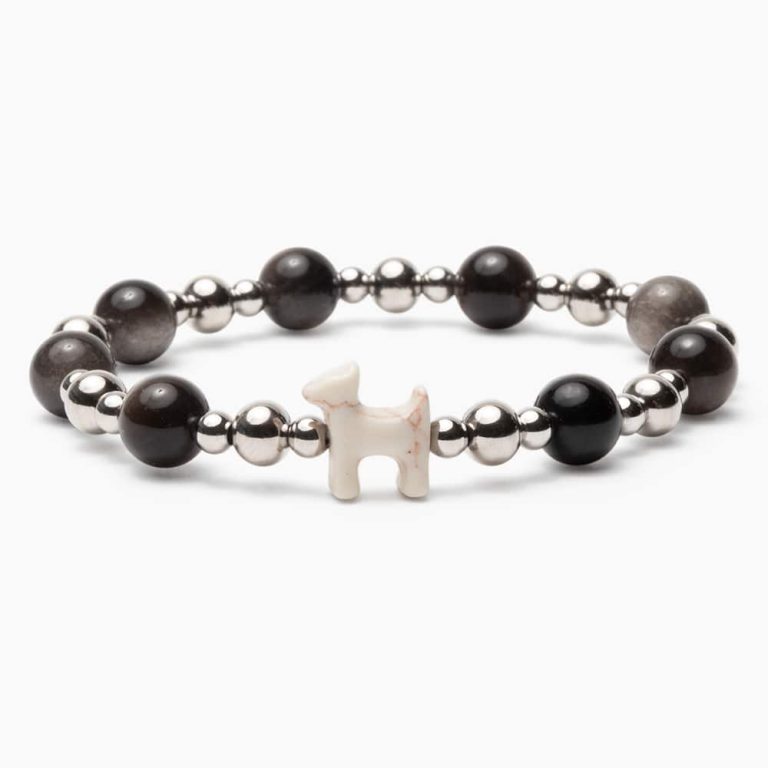 STRĀ Dog Beaded Bracelet- Silver, Black Obsidian Beaded Bracelet ...