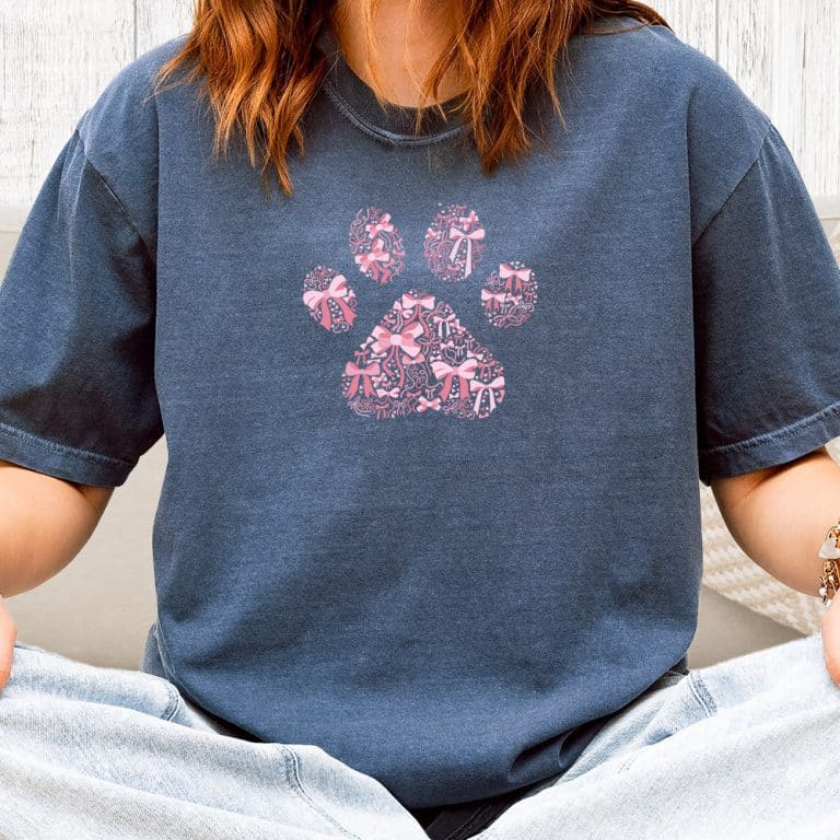 Comfort Colors Pink Ribbon Paw Vintage Washed Tee - Denim - iHeartDogs.com